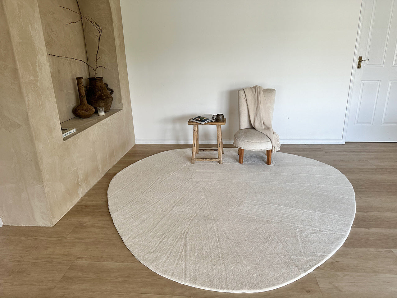 Clara Neutral Cream Irregular Round Washable Rug