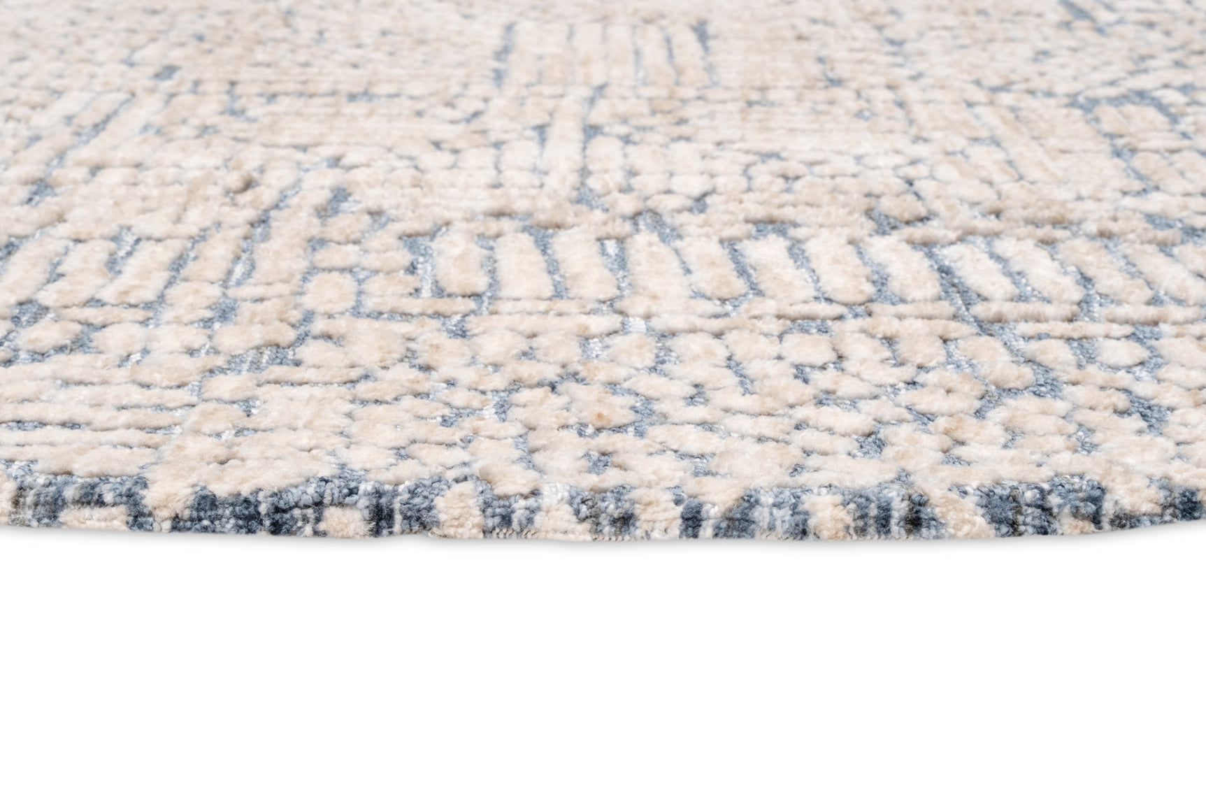 Karmen Blue and Ivory Geometric Patterned Round Rug